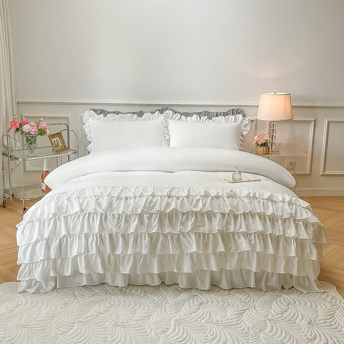 MOOWOO Waterfall Ruffle Duvet Cover Queen,3 Piece White Shabby Chic Bedding Solid Color Soft and Breathable with Zipper Closure & Corner Ties
