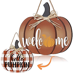 Tradder Fall Welcome Sign Thanksgiving Fall Pumpkin Sign with Bow Fall Wall Hanging Sign Rustic Wood Door Sign Double Sided Printing Pumpkin Farmhouse Door Hanger for Home Decoration (Rustic Style)