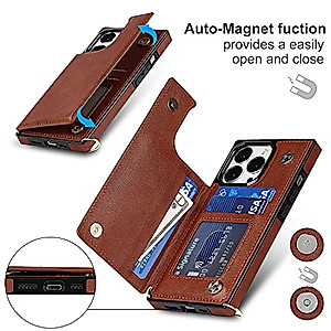DEFBSC Compatible with iPhone 13 Pro Max Case, Crossbody Wallet Case, Adjustable Detachable Lanyard Neck Strap with Kickstand Leather Card Holder Protective Cover-Brown