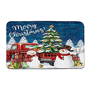 Snowman Bath Mat Merry Christmas Tree Red Truck Car Winter Home Bathroom Bedroom Kitchen Rug Soft Memory Foam Backing , 18x30 Inch