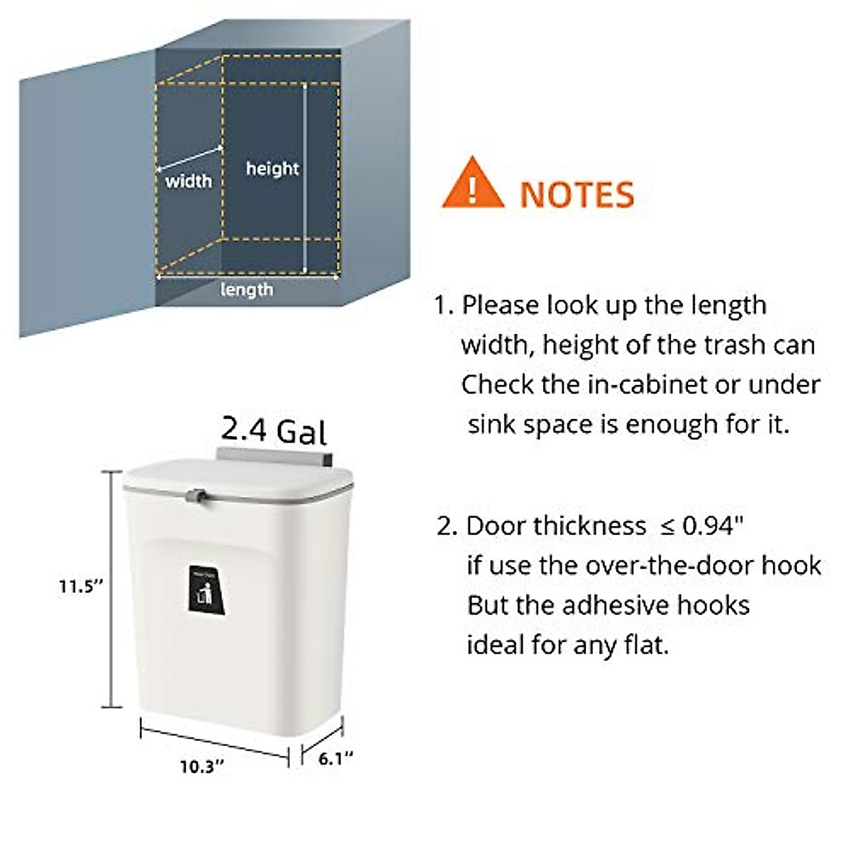 SUBEKYU 2.4 Gal Hanging Trash Can for Kitchen Cabinet Door with Lid, Small Under Sink Garbage Can for Bathroom, Wall Mounted Counter Waste Compost Bin, Plastic (White)