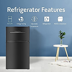 Frestec 3.2 Cu.Ft Mini Fridge for Bedroom, Mini Refrigerator with freezer, Dorm Fridge with Freezer, 2 Doors Perfect for Room and Office, Adjustable Temperature(Black)