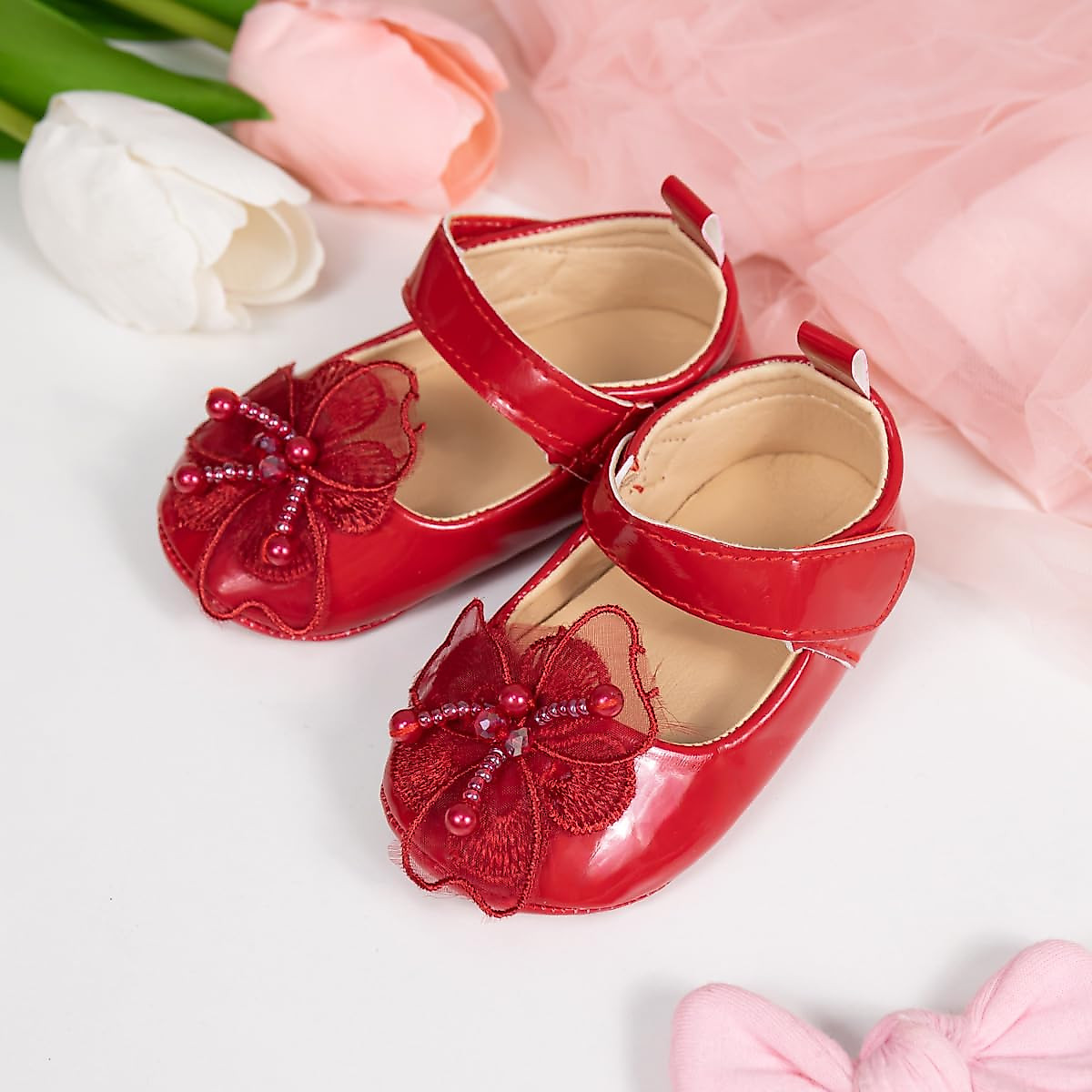 Oamico Infant Baby Girls Mary Jane Flats Non Slip Rubber Sole with Bownot Toddler First Walkers Princess Wedding Dress Shoes
