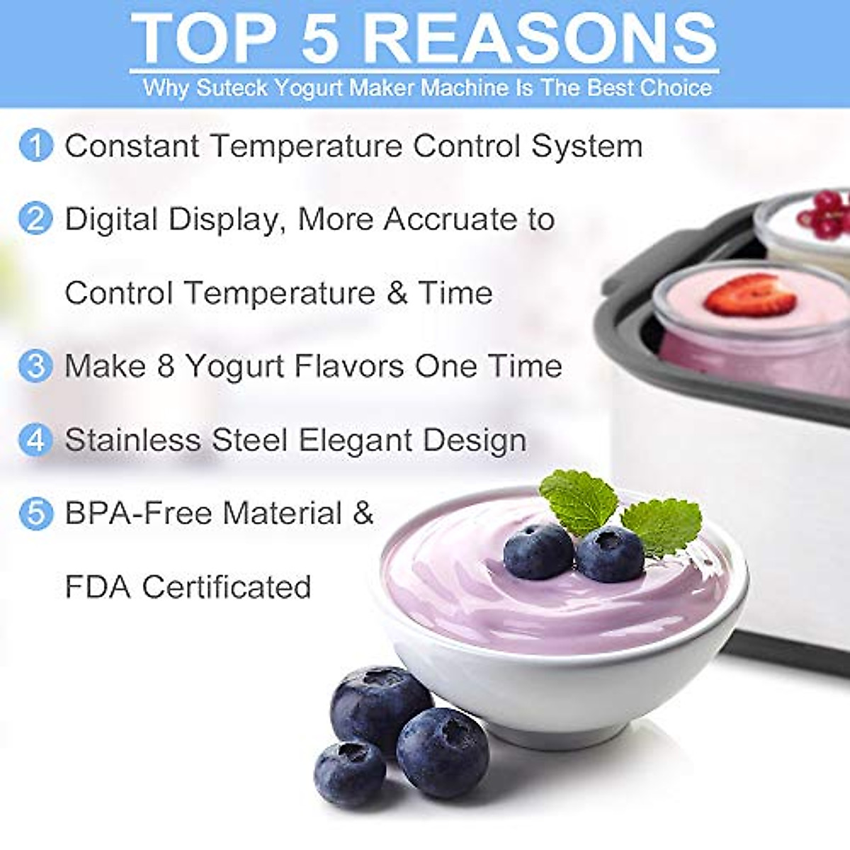Automatic Yogurt Maker Machine Digital LCD Display with Constant Temperature Control 8 Glass Greek Jars and Lids 48 Ozs Stainless Steel Design for Home Kitchen Use.