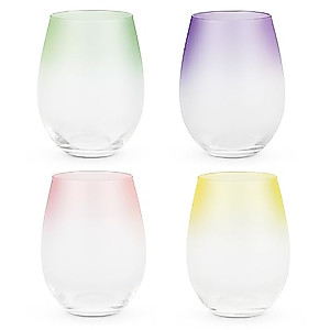 Blush Frosted Ombre Stemless Wine Glasses in Pink, Purple, Yellow, and Green, Colorful 12 Oz Set of 4