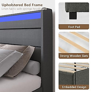 ClouDDwell Queen Bed Frame with RGBW LED Lights, Upholstered Headboard & 4 Storage Drawers, Thickened Hardwood Slats, Dark Grey