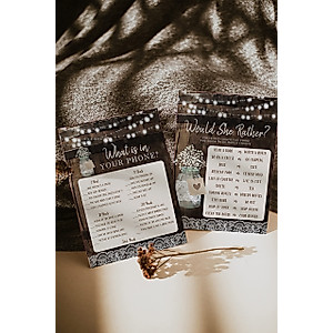 Your Main Event Prints Bridal Shower Bachelorette Games, Rustic Wood Barrel Mason Jar, He Said She Said, Find The Guest Quest, Would She Rather, Phone Game, 25 games each