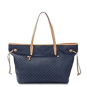 Rioni Signature Navy ST20222L Canvas Leather Gold Tone Metal Hardware Luxury Large Tote Shoulder Bag