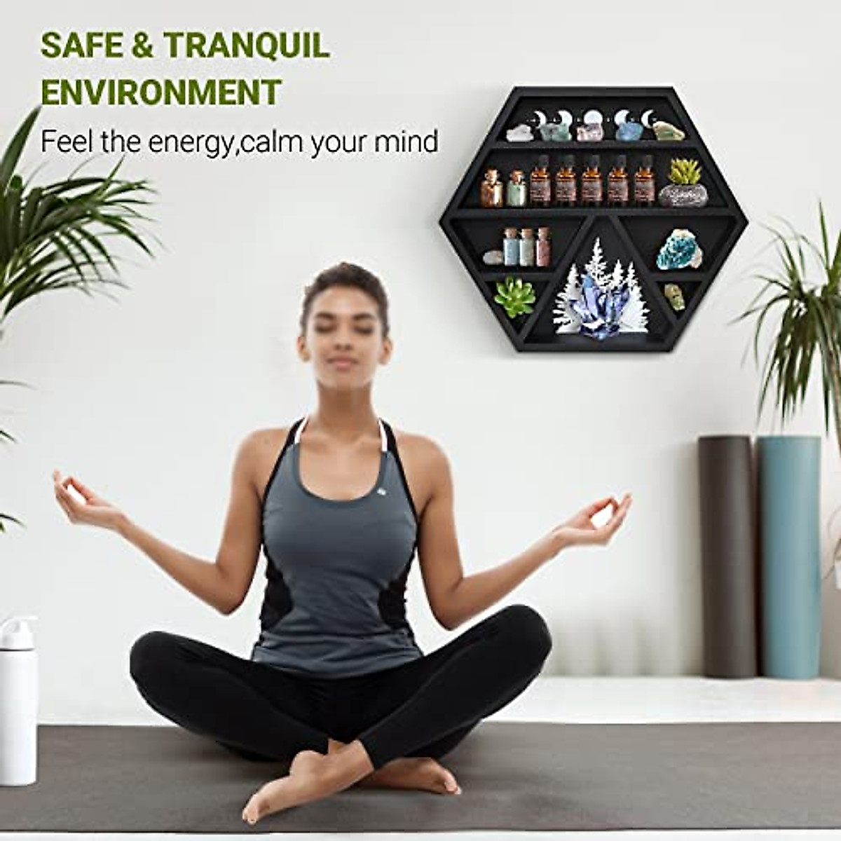 Unistyle Crystal Shelf Display Crescent Moon Shelf, Hexagon Crystal Holder for Stones, Essential Oils & Whichy Shelves Wood Crystal Wall Decor, Black Rustic Wooden Display for Boho Meditation Decor