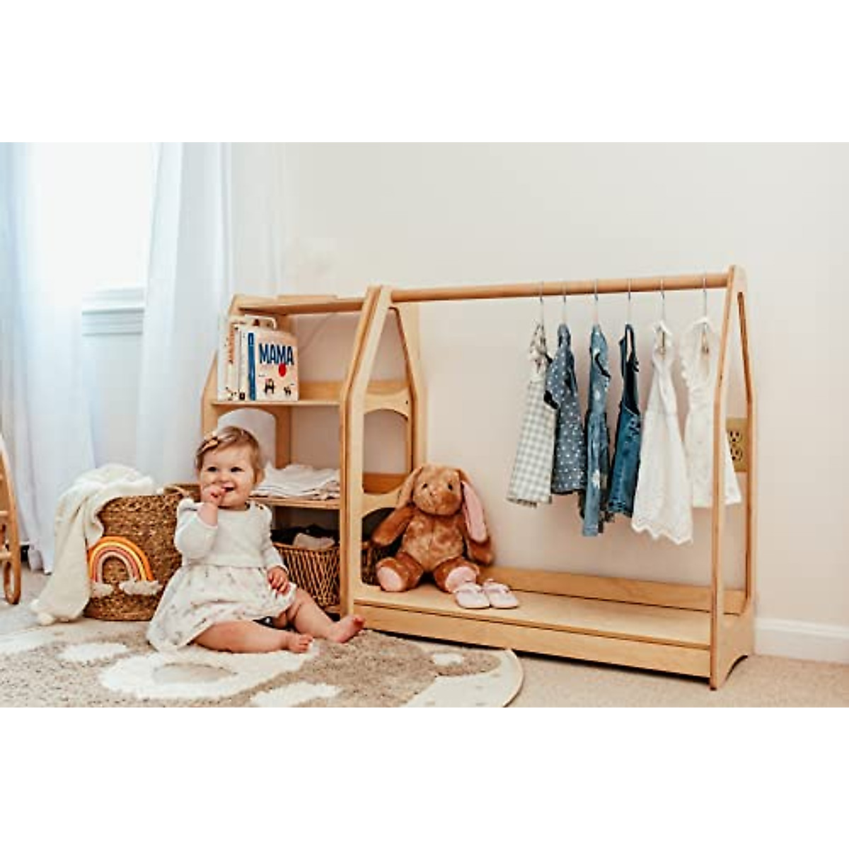 WOOD&ROOM Wardrobe Dress up Rack Child Garment Rack Kids Clothing Rack with Storage Shelf Montessori Children wardrobe