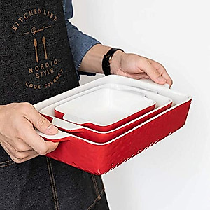 Krokori Casserole Dishes for Oven, Baking Dishes Lasagna Pan Ceramic Baking Pan Deep Glaze Bakeware for Cooking, Kitchen, Cake Dinner, Banquet and Daily Use, 3PCS (11.6 x 7.8 Inches, Red)