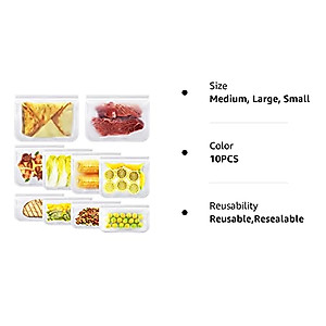 WATOTGAFER Reusable Food Storage Bags, 10 Pack BPA Free Reusable Freezer Bags, Extra Thick Leakproof Food Grade Silicone Lunch Food Bags for Meat Veggies 2 Gallon Bags 4 Sandwich Bags 4 Snack Bags