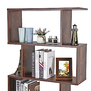 Epetlover 5 Tier Bookshelf S-Shaped Geometric Bookcase Wooden Floor Standing Open Shelf Bookshelves Display Storage Shelf & DVD Shelves for Living Room Bedroom Office, Rustic Brown