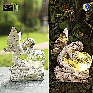 invvni Garden Fairy Statue, Outdoor Yard Decor with Solar Powered Lights, Angel Statues & Sculptures with Crackle Glass Globe for Lawn Patio Garden Decorations