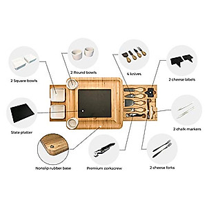 Bamboo Cheese Board and Knife Set Ceramic Bowls Wine Opener - 100% Organic Wood Serving Tray Charcuterie Board Perfect Choice for Gourmets, Birthday Presents, Wedding Gifts, Mothers & Housewarming