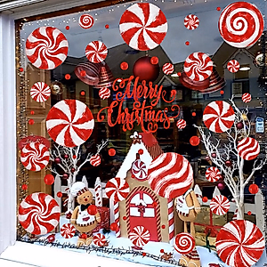 DULEFUN 8 Sheets Christmas Window Clings, Candy Window Decals Oil Painting Christmas Red Candy Stickers for Xmas Home Office School Decor Winter Glass Window Decoration