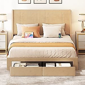 YITAHOME Queen Size Bed Frame, Platform Bed Frame with Storage Drawers, Upholstered Bed Frame with Headboard Built-in 2 USB Charging Stations and Strong Wood Slats Support, No Box Spring Needed, Beige