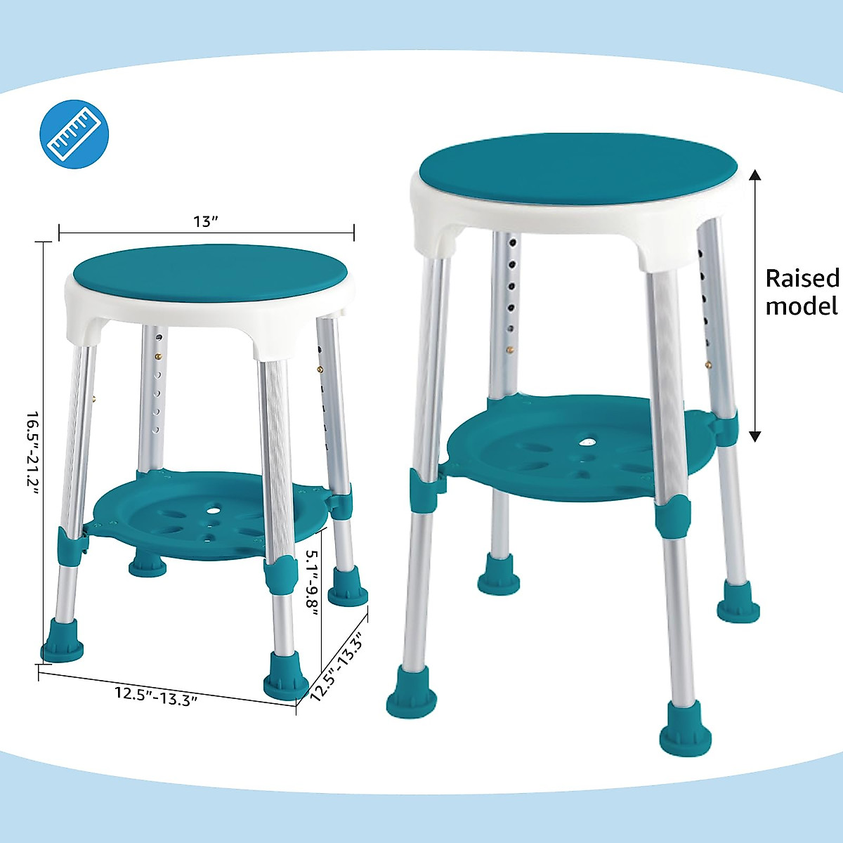 KSITEX Shower Stool Chair for Inside Shower, Upgrade Small Corner Plastic Stool for Seniors Adult, 360° Swivel Shower Stool Seat for Bathroom, 6-Level Adjustable Height Bath Chair Stools with Shelf