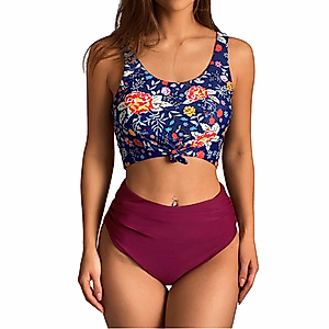ZAFUL Women's Scoop Neck Tropical Leaf Knotted Two Pieces Tankini Set Swimsuit (4-Plum Pie, L)