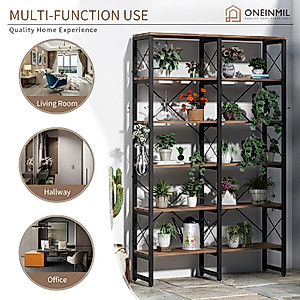 oneinmil Double Wide 6-Tier Bookshelf, Industrial Bookcases with Metal Frame, Open Large Book Shelf, Wood and Tall Display Shelves for Home and Office, Rustic Brown and Black