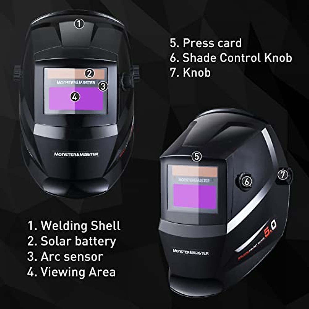 Monster&Master Welding Helmet, True Color Auto Darkening Welding Helmet, 2 Arc Sensor Wide Shade, Large Viewing Screen, Welding Helmets for Men, MM-003