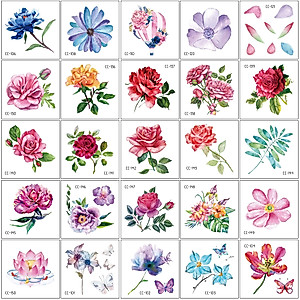 Konsait 50Sheet Flower Temporary Tattoos for Women Teens Girls, Tiny Temporary Tattoo Adult Waterproof Body Art Sticker Hand Neck Wrist, include Flower Butterfly Leaf Lotus Cherry Blossoms Tattoo