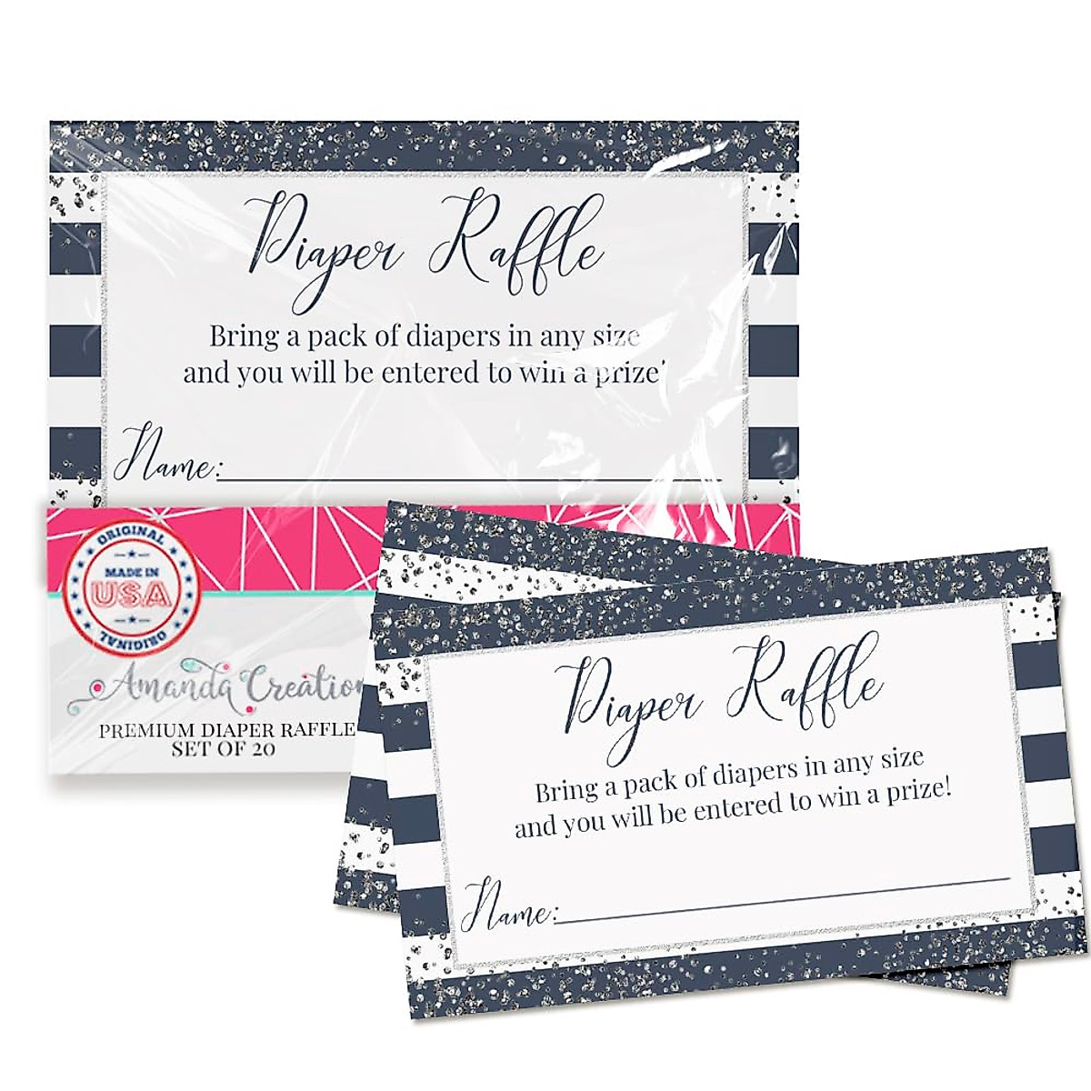 Beautiful Striped Navy & Silver Diaper Raffle Tickets for Boy Baby Showers, 20 2" X 3” Double Sided Insert Cards for Games by AmandaCreation, Bring a Pack of Diapers to Win Favors & Prizes!