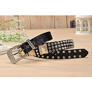 Women's Western Cowgirl Rhinestone Studded Bling Belt, Luxury Designer Jeans Women Belt Length 41 inch Black