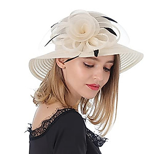 DANTIYA Lady Derby Dress Church Bow Bucket Wedding Bowler Hats Wide Brim Beach UPF Protection Cap (Beige, Free)