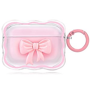 Cute AirPod Pro Case with Keychain Pink Bow Clear Gradient Design Wavy Border Protective Soft Cover Compatiable with AirPods Pro for Women and Girls