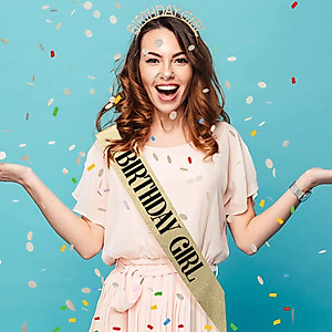 PQRUU Birthday Sash for Women Gold Birthday Girl Sash Glitter Birthday Sash and Tiara for Women Birthday Crowns for Women Happy Birthday Decorations Accessories Rhinestone Birthday Girl Headband
