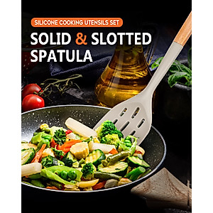 Pack of 2 Silicone Spatula, Non Stick Cooking Utensil Set Wooden Handle Kitchen Turner for Baking Mixing Grilling Serving Food Heat Resistant Non Scratch Hooks Included (Khaki)