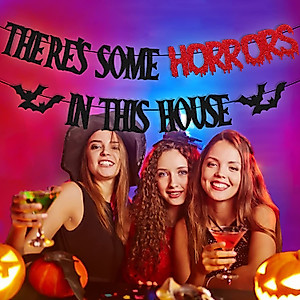 There’s Some Horrors in This House Banner Halloween Horrible Bat Scary Themed for Boy Girl Kids Halloween Festival Party Decorations