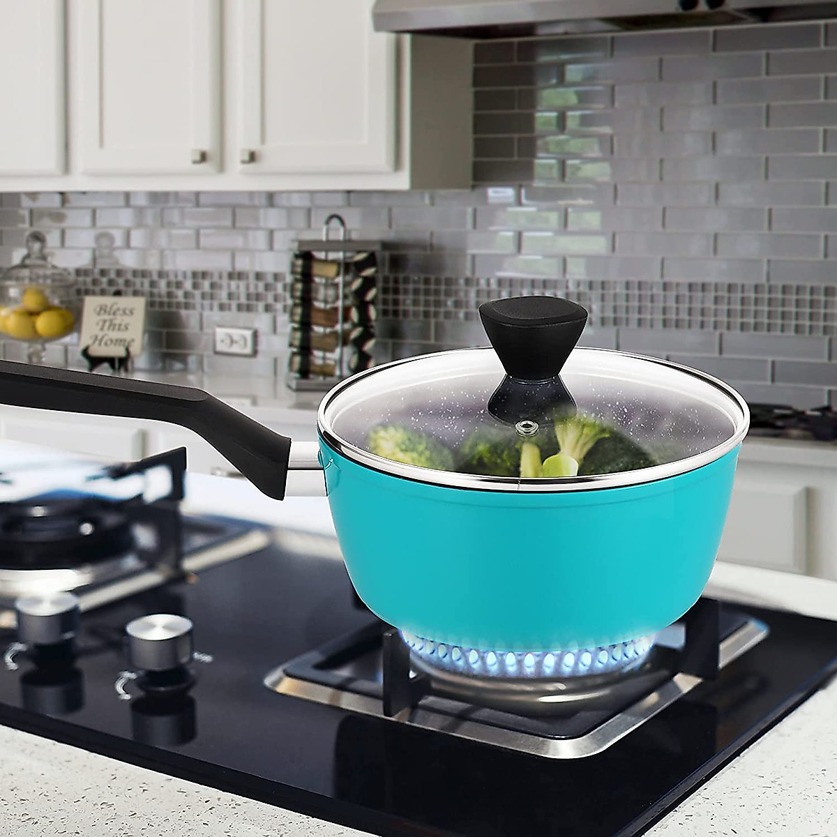 QStar 2.45 qt Granite Aluminum Nonstick Sauce Pan in Blue with Lid and Cool Touch Handle