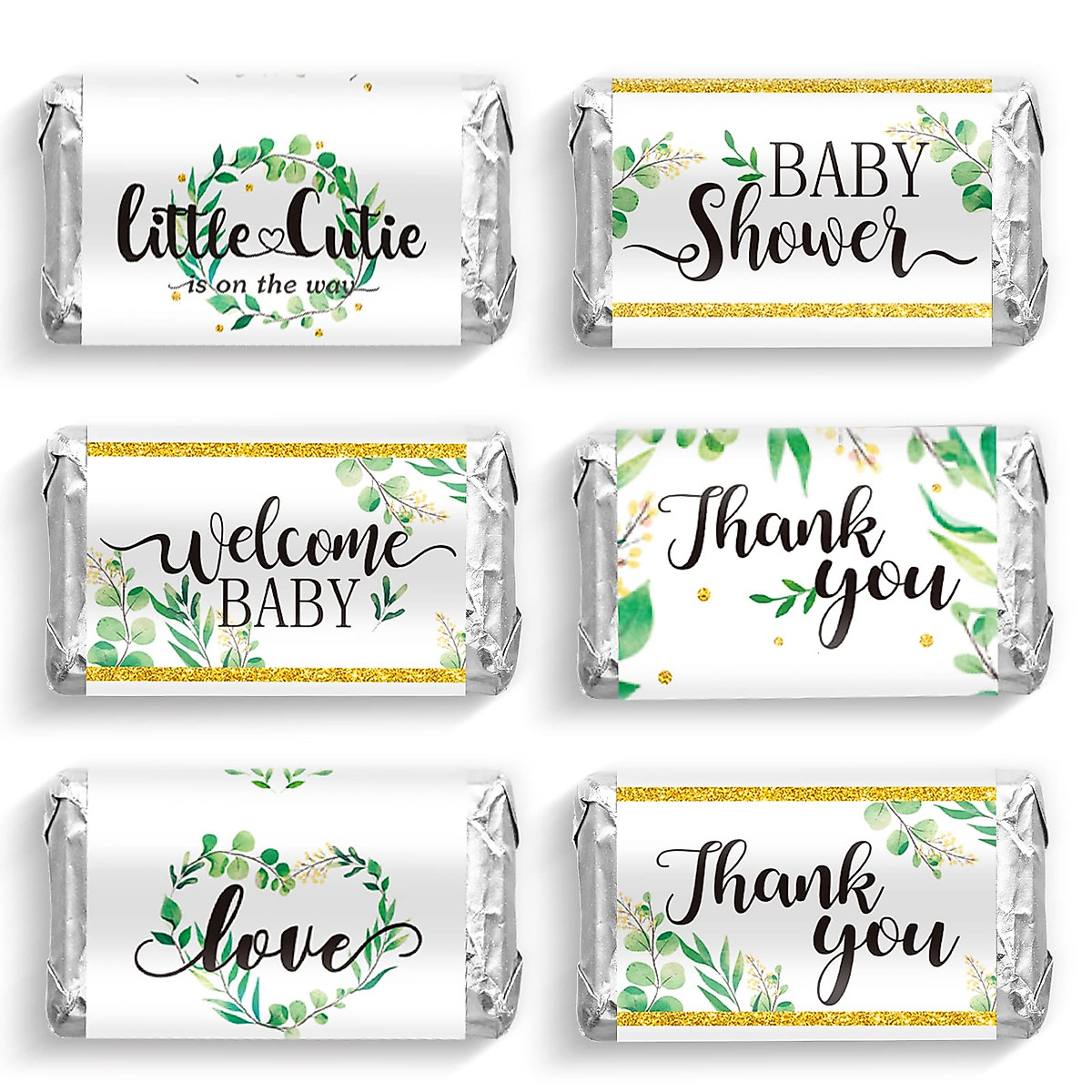 Clabby Baby Shower Candy Wrappers, Shower Mini Candy Bar Miniatures Wrappers Chocolate Bar Label Stickers for Boys Girls Kids Baby Shower Decor (No Candy)(Greenery Style, 90 Pieces)