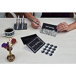 120 Elegant Thank You Cards in Black with Matching Black Envelopes and Sealing Stickers - Thick Quality Cardstock 6 Designs Bulk Notes Embossed with Silver Foil Letters, 4x6 Inches Folded