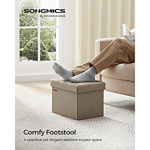 SONGMICS MAZIE Collection - Small Folding Storage Ottoman, Foot Rest Stool, 12.2 x 16.1 x 12.2 Inches, 286 lb Load Capacity, for Living Room, Bedroom, Home Office, Dorm, Light Taupe ULSF102K01