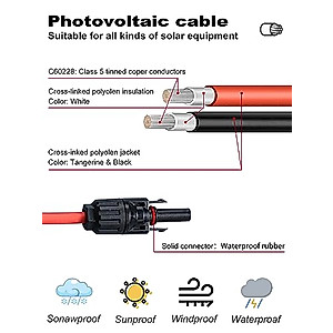 WBGADAM 20FT 10AWG Solar Extension Cable， and 1 Pair of Solar Y Branch Parallel Connectors, Included Extra Free Pair of Connectors, (20Feet Red + 20Feet Black) Connector Kit Made of Pure Copper