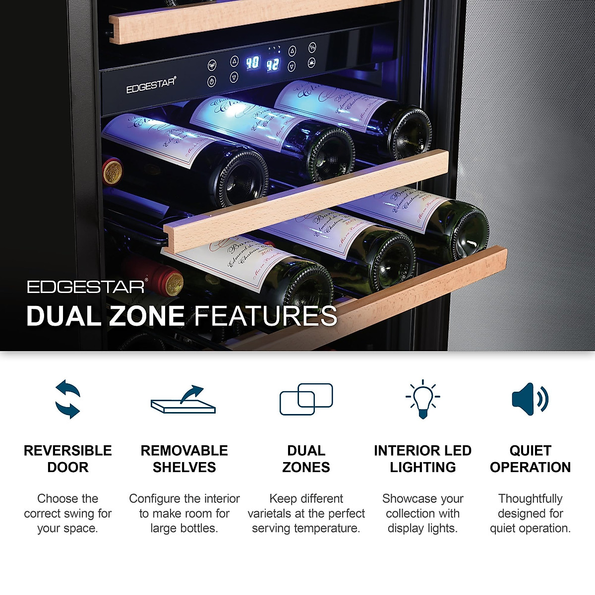 EdgeStar CWR1552DZ 24 Inch Wide 141 Bottle Capacity Free Standing Dual Zone Wine Cooler with Interior Lighting