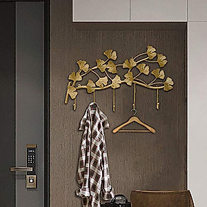 JWZQ Coat Hooks for Wall Mounted, 1x Iron Hook Coat Rack, Ginkgo Biloba Gold Coat Hooks, for Clothes, Hats, Robes, Purse, Towels, 5/7 Hook