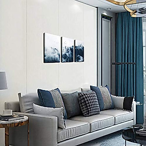 Indigo Misty Forests Wall Pictures for Bedroom Modern 3 Pieces Canvas Wall Art Mountain Forest in Fog Navy Blue Wall Decorations Minimalist Canvas Art Evergreen Coniferous Trees Gallery Wrapped