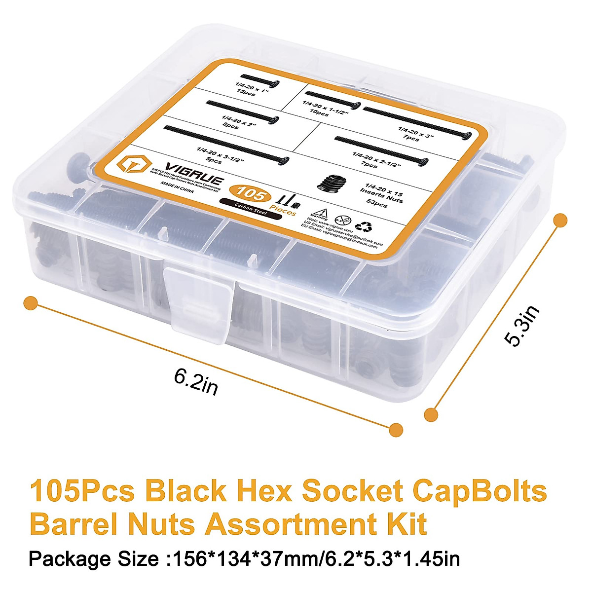 VIGRUE 80PCS Baby Bed Crib Metric Screws M6 x 15mm/ 20mm/ 25mm/ 30mm/ 35mm/ 40mm/ 50mm/ 70mm Black Hex Socket Cap Bolts Barrel Nuts Assortment Kit for Crib Baby Bed Furniture Hardware Cots and Chairs