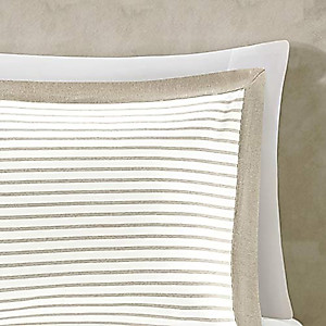 Madison Park Essentials Hayden Comforter, Yarn Dyed Stripe Pattern, Solid on The Reverse Modern All Season Down Alternative Bed Set with Matching Sham, Full/Queen, Tan 3 Piece