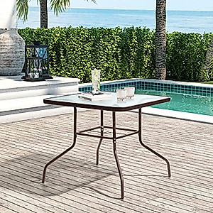 Crestlive Products Patio Dining Table, Outdoor Square Table with Umbrella Hole for 4 Persons, Tempered Glass Metal Bistro Table for Lawn, Deck, Backyard, Garden (Brown)