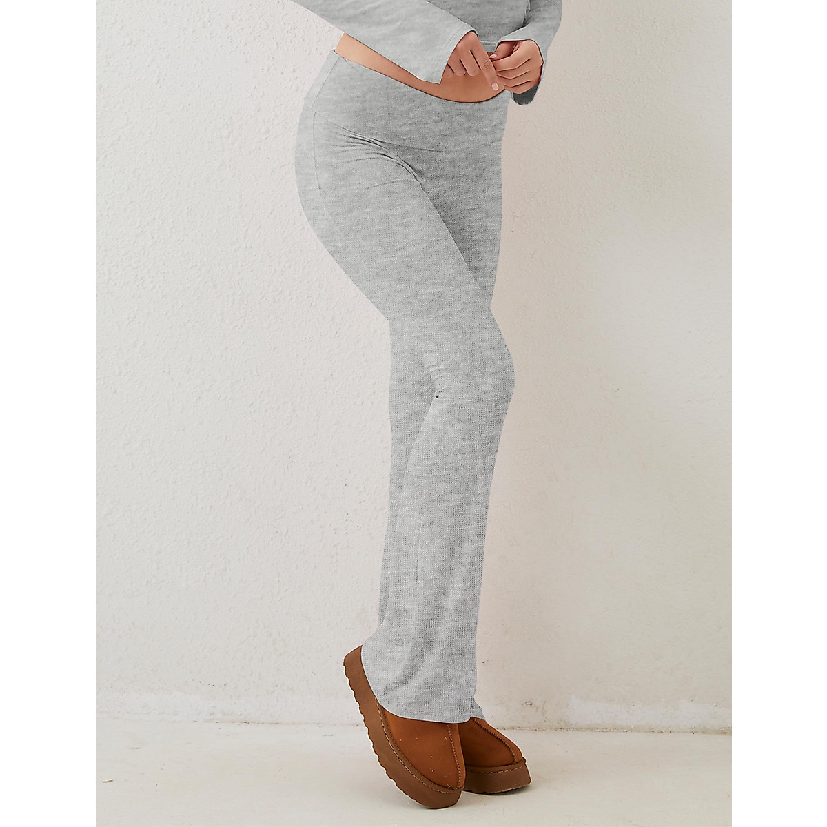 MISSACTIVER Women High Waist Flare Leggings Casual Slim Elastic Wide Leg Pants Tummy Control Workout Yoga Pants(Large, Light Grey)