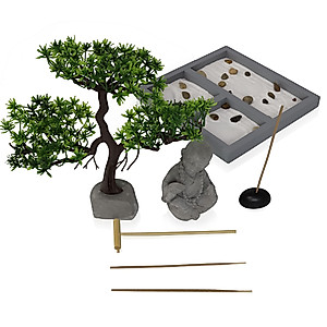 Gray Mini Japanese Zen Sand Garden Set with Incense Holder, Calming Bonsai and Miniature Buddha Statue - Zen Decor for Relaxation and Meditation - Home Decor, Office Accessory, Gift Set