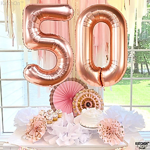 KatchOn, Rose Gold 50th Birthday Balloons - Giant, 40 Inch | 50 Balloon Number | 50th Anniversary Decorations