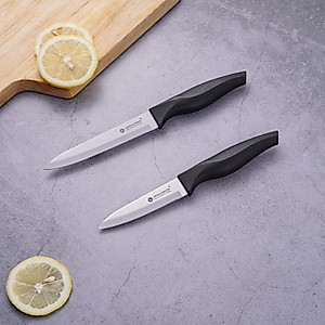 VSL VANSLENSON Multipurpose Kitchen Knife set 4 inch Paring Knife with Cover, Steak Knife, 5 inch Utility Knife, 5 inch Serrated Blade Knife Black Handle (Set of 4 mixed combo)