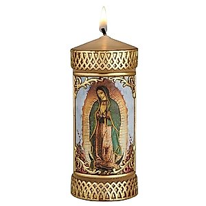 Small Our Lady of Guadalupe Devotional Candle with Gold Toned Wax Details, 4 ¾ Inches