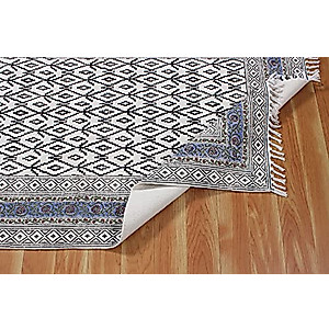Casavani Hand Block Printed Rug Floral Blue & Beige Tassel Rug Boho Area Rug Easy Care Washable Rugs for Doormat Entryway Living Room Bedroom Hallway Balcony 12x12 Feet Square